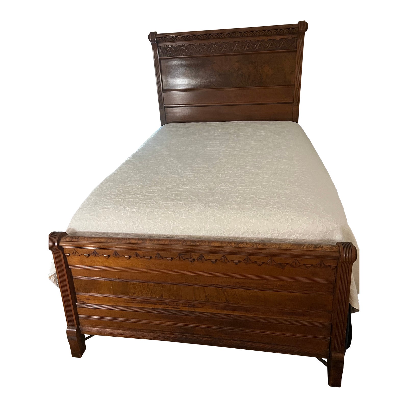 19th Century Antique Burl Wood Walnut Queen Bed Frame | Chairish