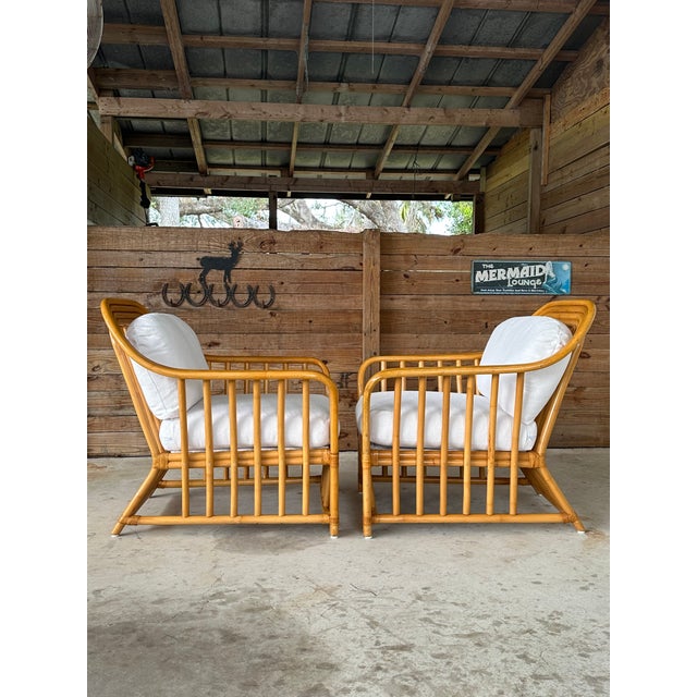 Vintage Coastal Three Band Bent Rattan Custom Upholstered Lounge Chairs ...
