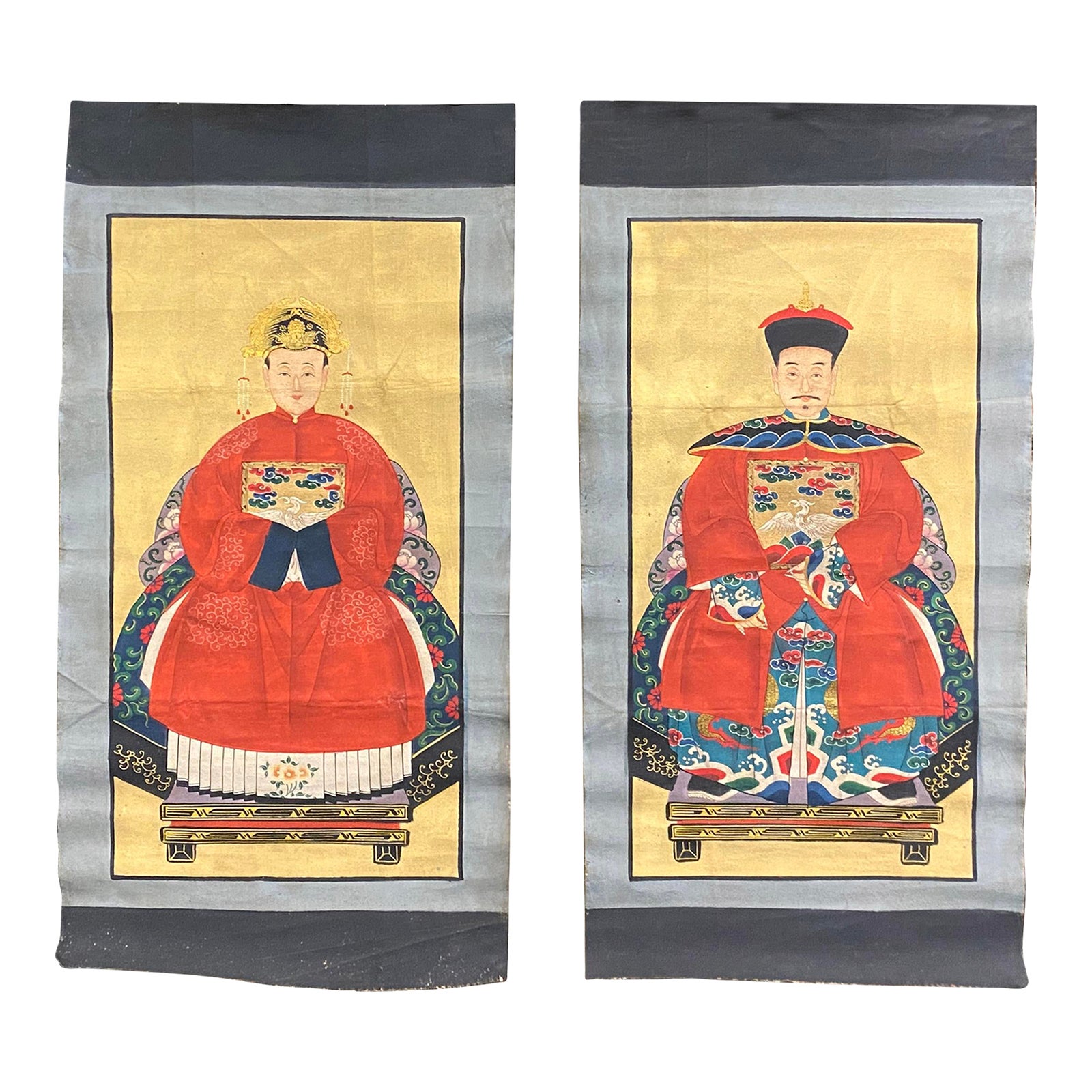 Pair Chinese Canvas Color Ink Royal Lady Gentleman Ancestor Paint Art ...