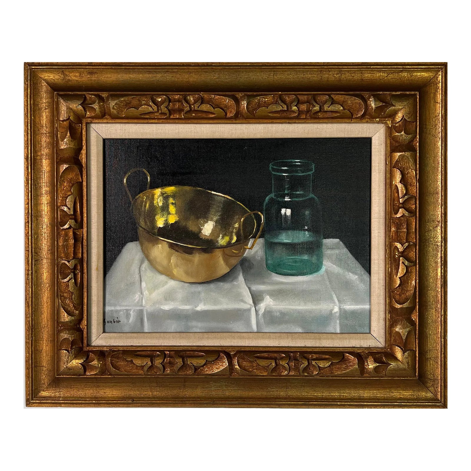 Andras Gombar Still Life - Copper and Glass Jar Oil on Canvas Painting ...
