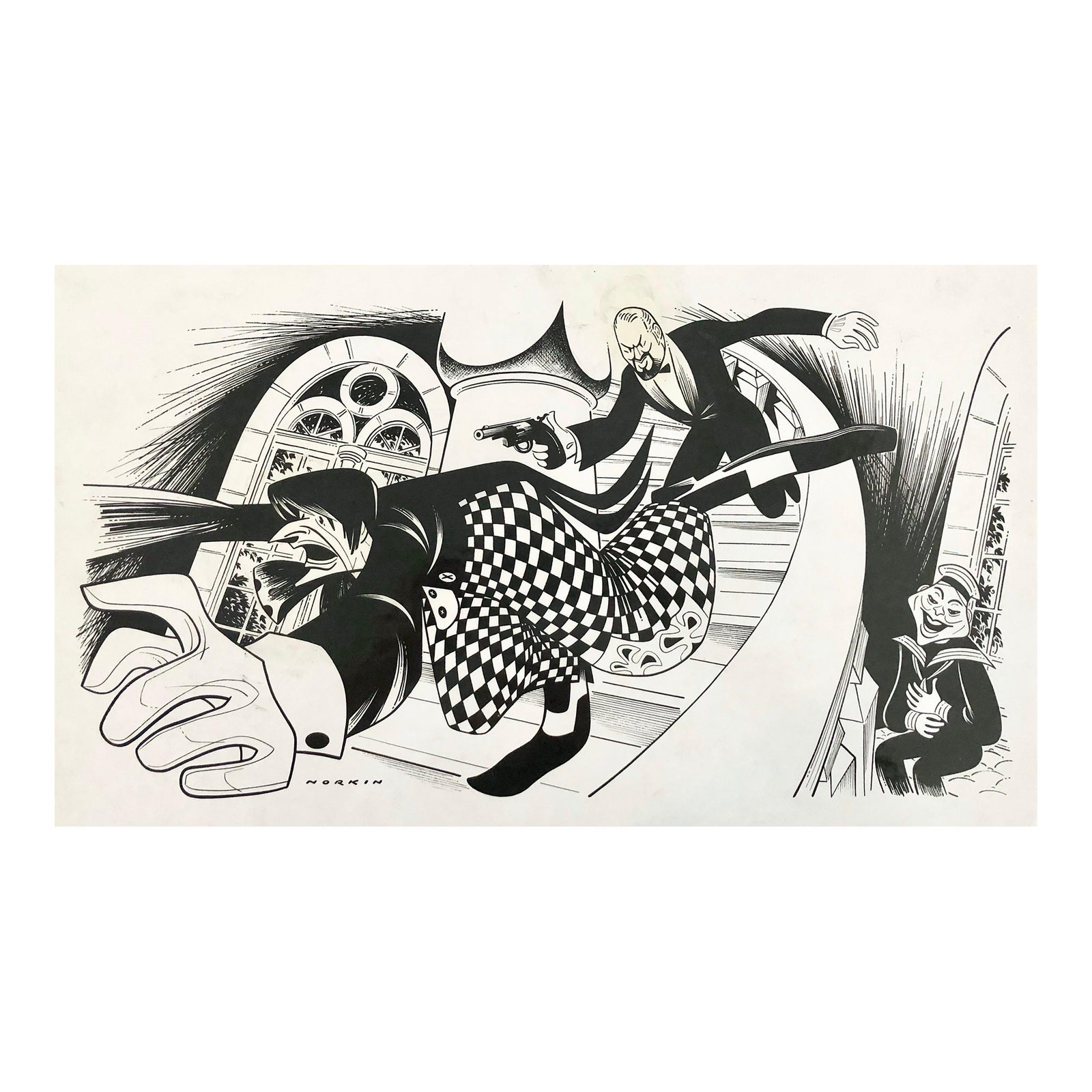 Sam NorkinMan w Gun "Sleuth" Original Ink Drawing Theater Film Caricature Illustration Art, c ...