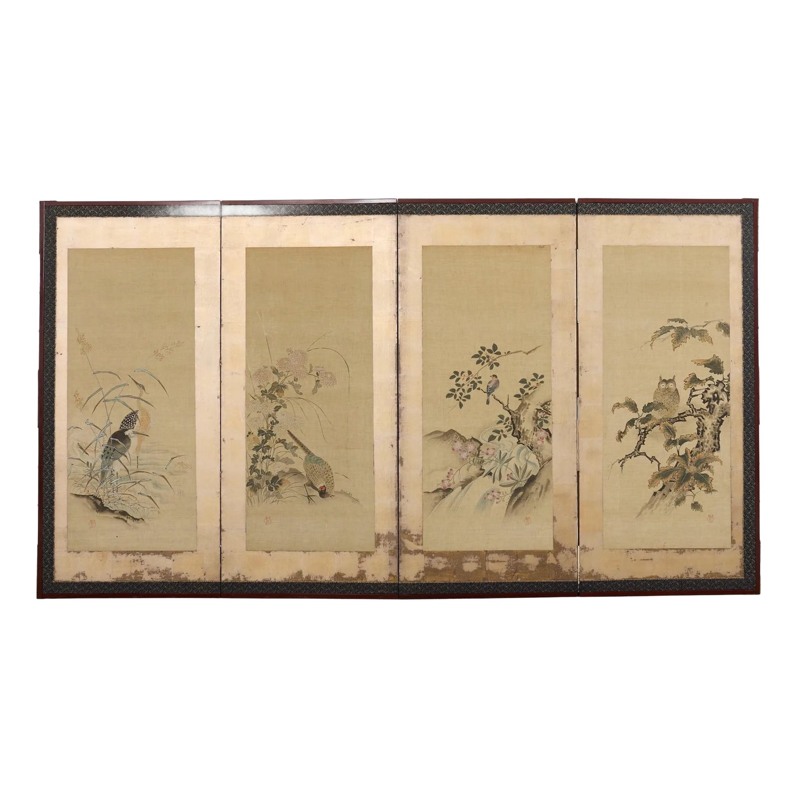 Japanese Kano School Four Panel Screen Birds and Owl | Chairish