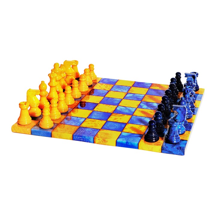 Italian Lapis Blue/Mustard Large Alabaster Chess Set | Chairish