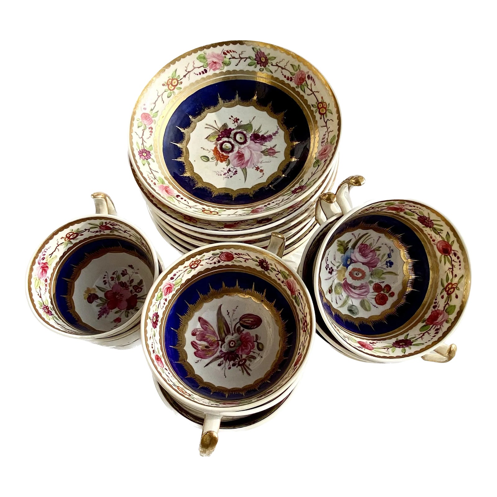 Early 19th Century English New Hall Cup & Saucer Set- 17 Pieces | Chairish
