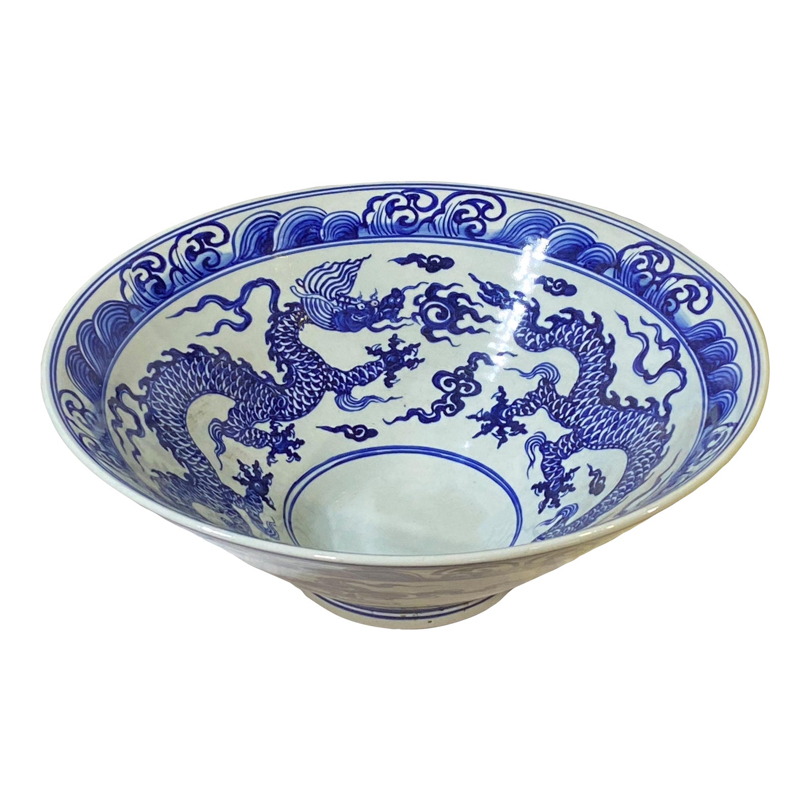 Large Chinoiserie Blue & White Centerpiece Dragon Motif Bowl 17.5" D ...