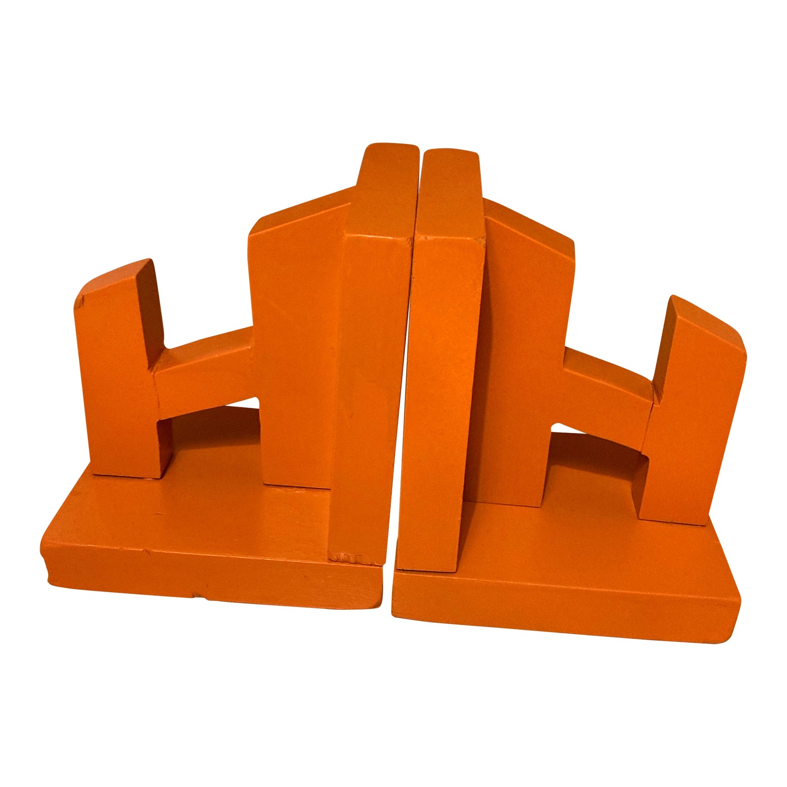 1960s Vintage H Wooden Bookends in Orange - a Pair | Chairish