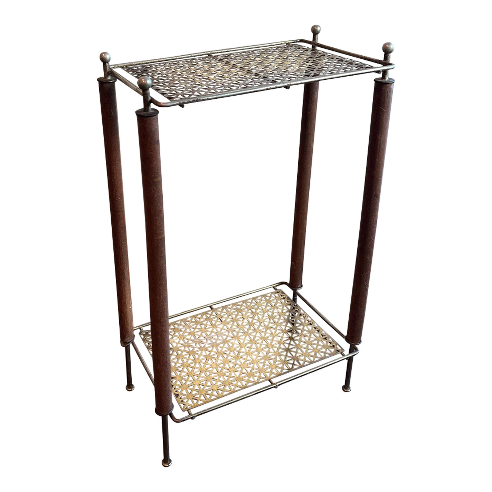 1970s Mid Century Metal Roman Grille Brass & Walnut Side Table | Chairish
