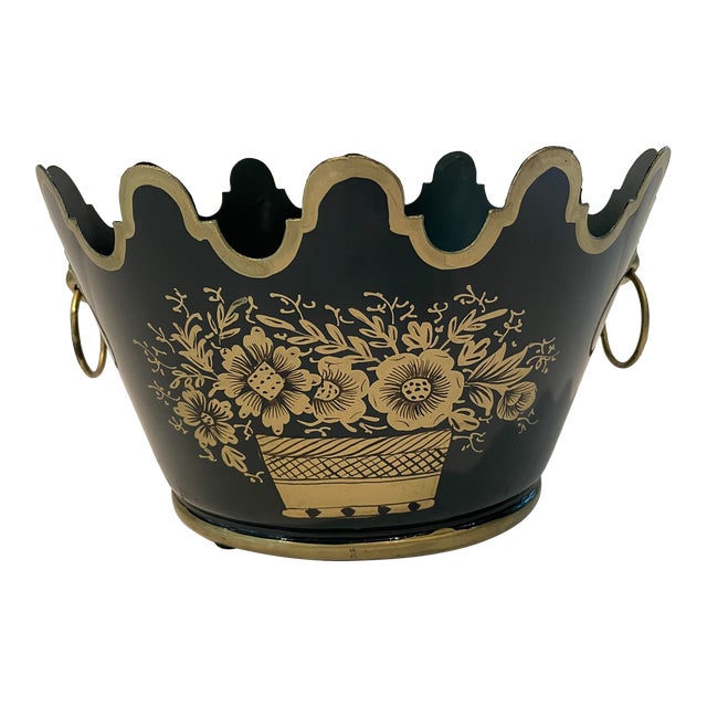 Vintage Black and Gold Cachepot | Chairish