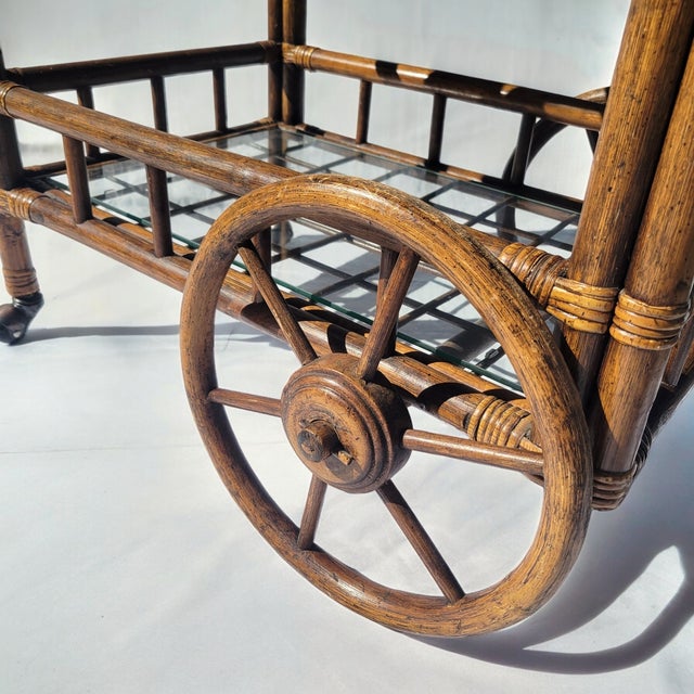 Vintage Bamboo Rattan Rolling Cart With Removable Tray | Chairish