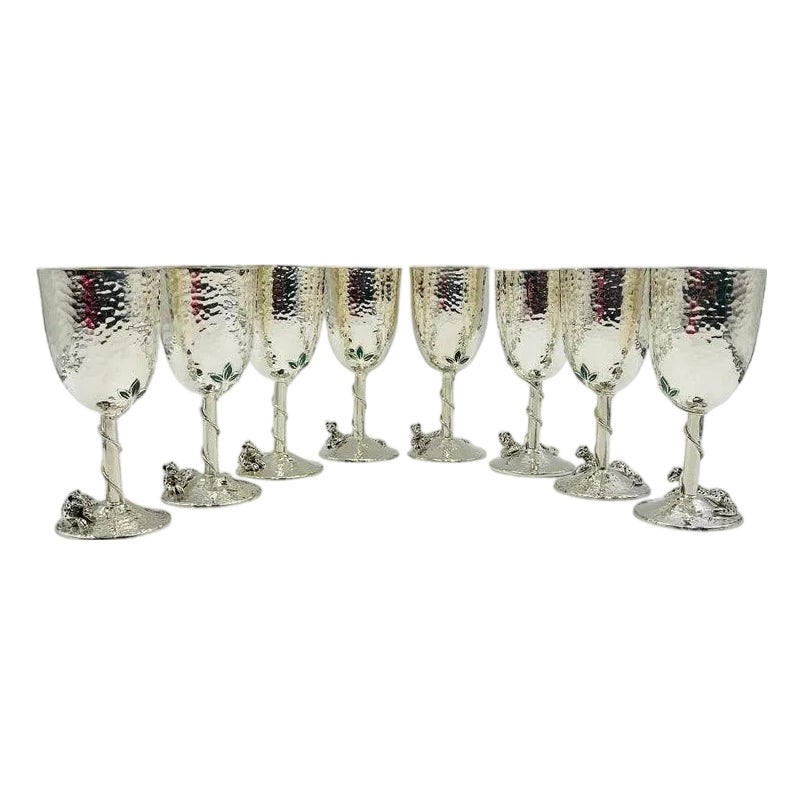 1980s Set Of 8 Silver Plated Crushed Emerald Wine Water Goblets By