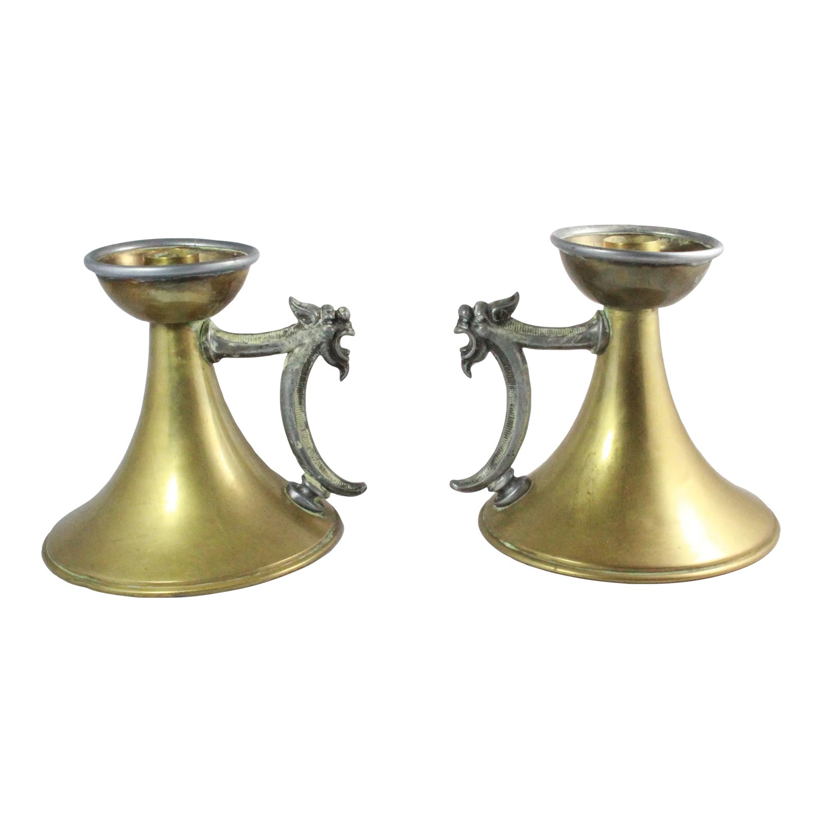 Vintage Brass Heraldic Chamber Candlestick Holders With Griffin Head ...