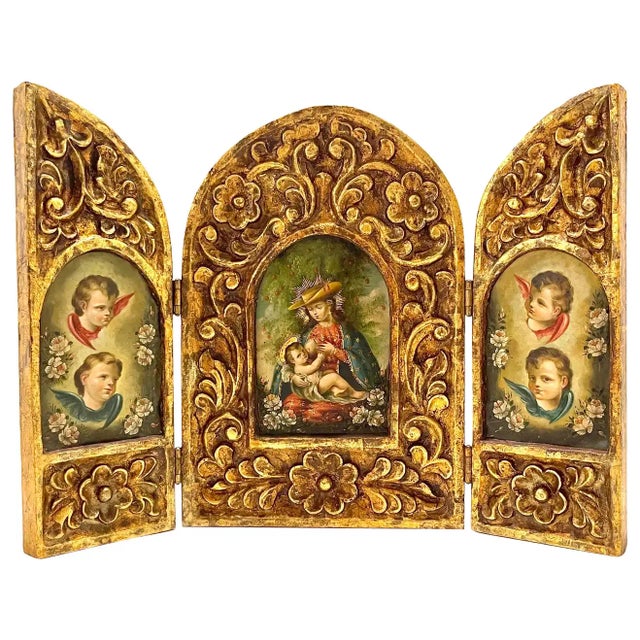 19th C. Spanish Colonial Carved Giltwood Triptych of Virgin Mary & Christ Child | Chairish