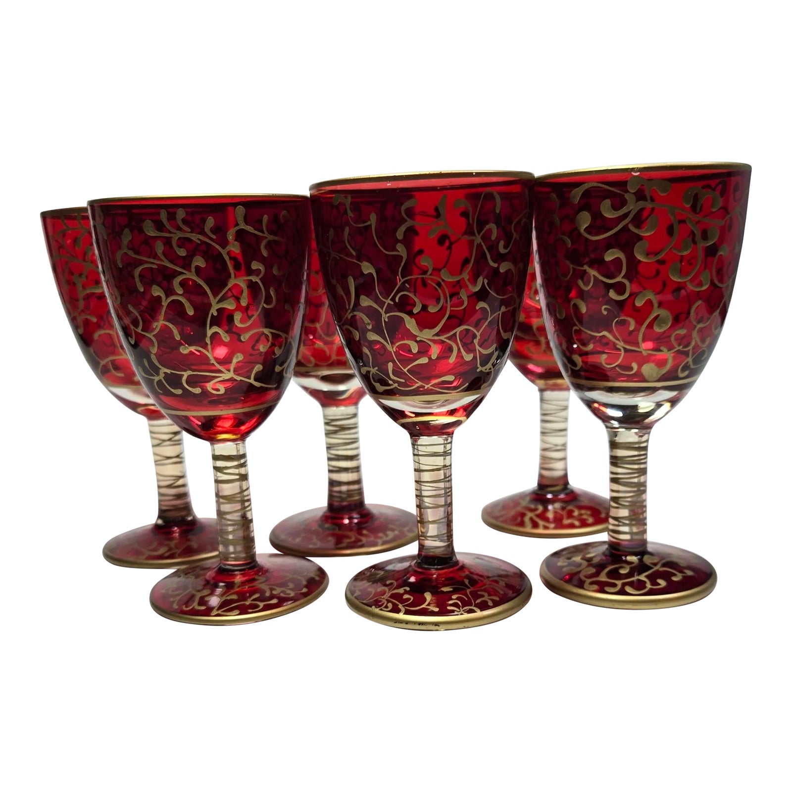 Vintage Romanian Ruby & Gold Cordial Goblets- Set of 6 | Chairish