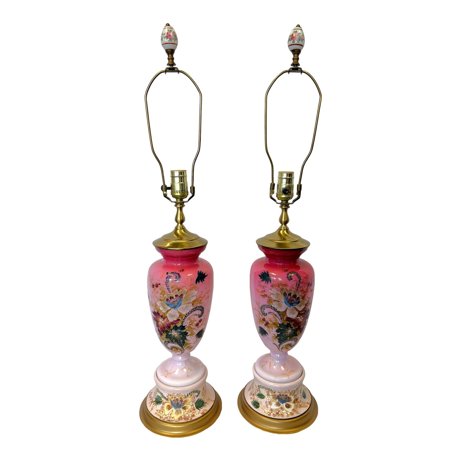 Vintage Pink Bristol Glass Lamps With Hand Painted Designs and Ceramic ...