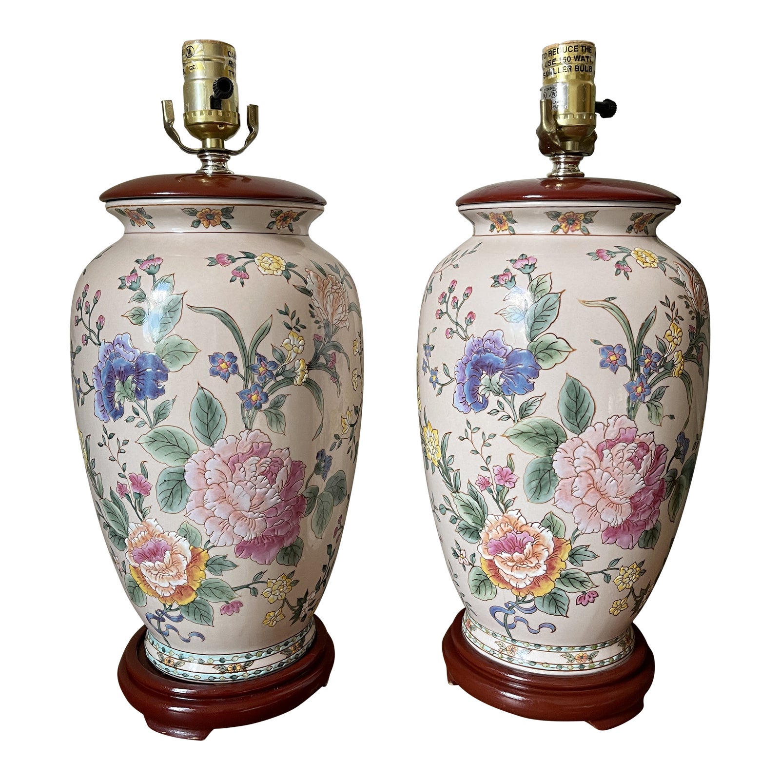 Vintage 1990s Pink Floral Table Lamps - a Pair | Chairish