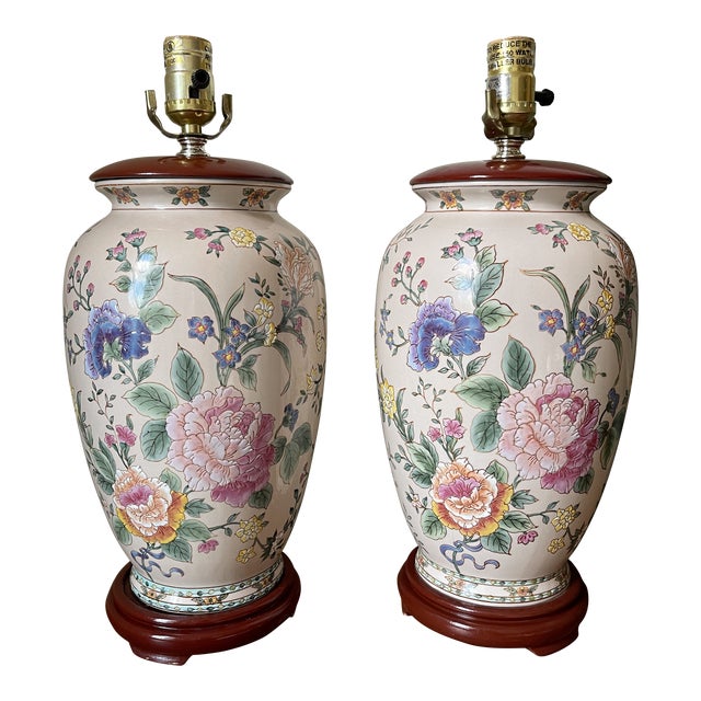 Vintage 1990s Pink Floral Table Lamps - a Pair | Chairish