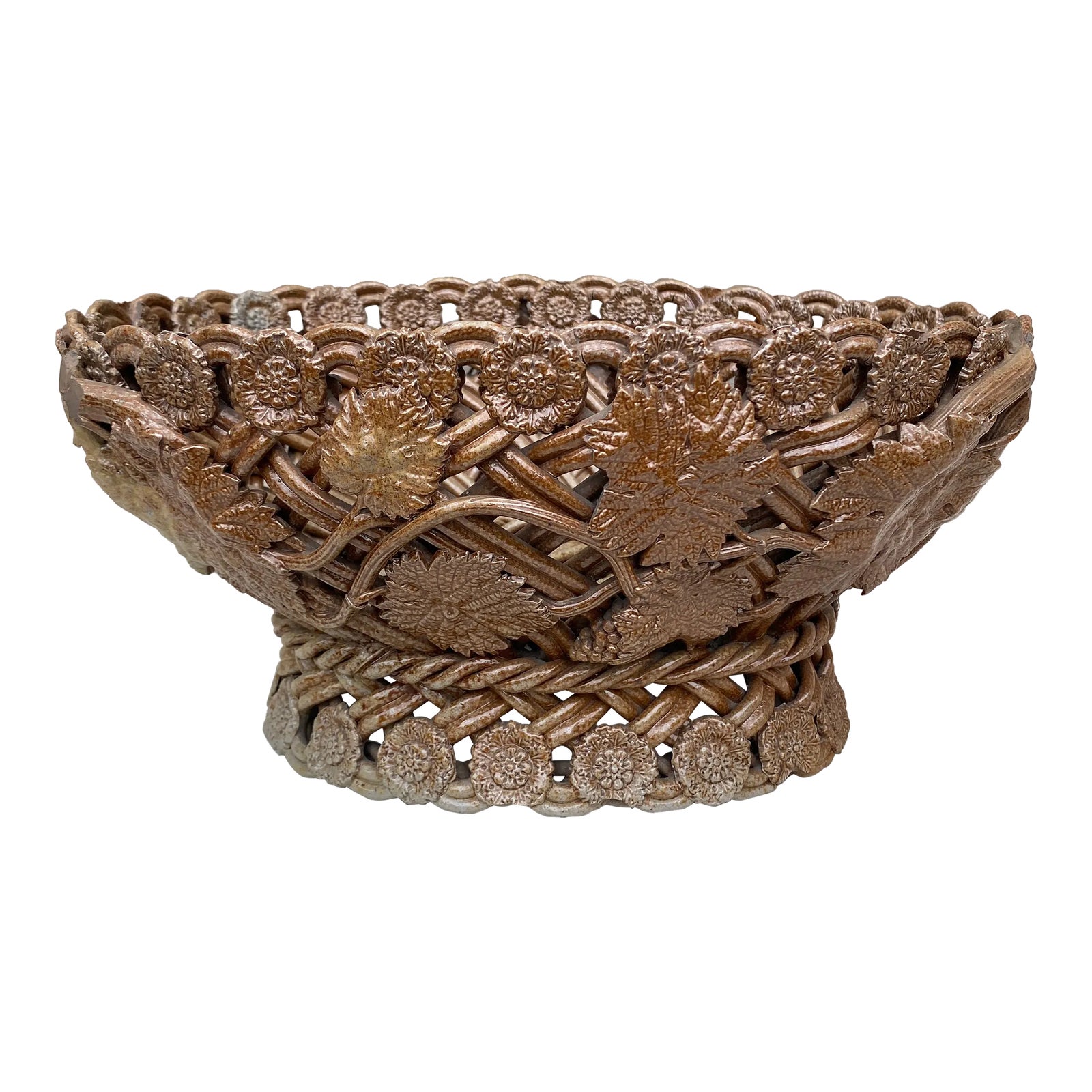 Large French Majolica Reticulated Vine Leaves Pottery Jardiniere | Chairish