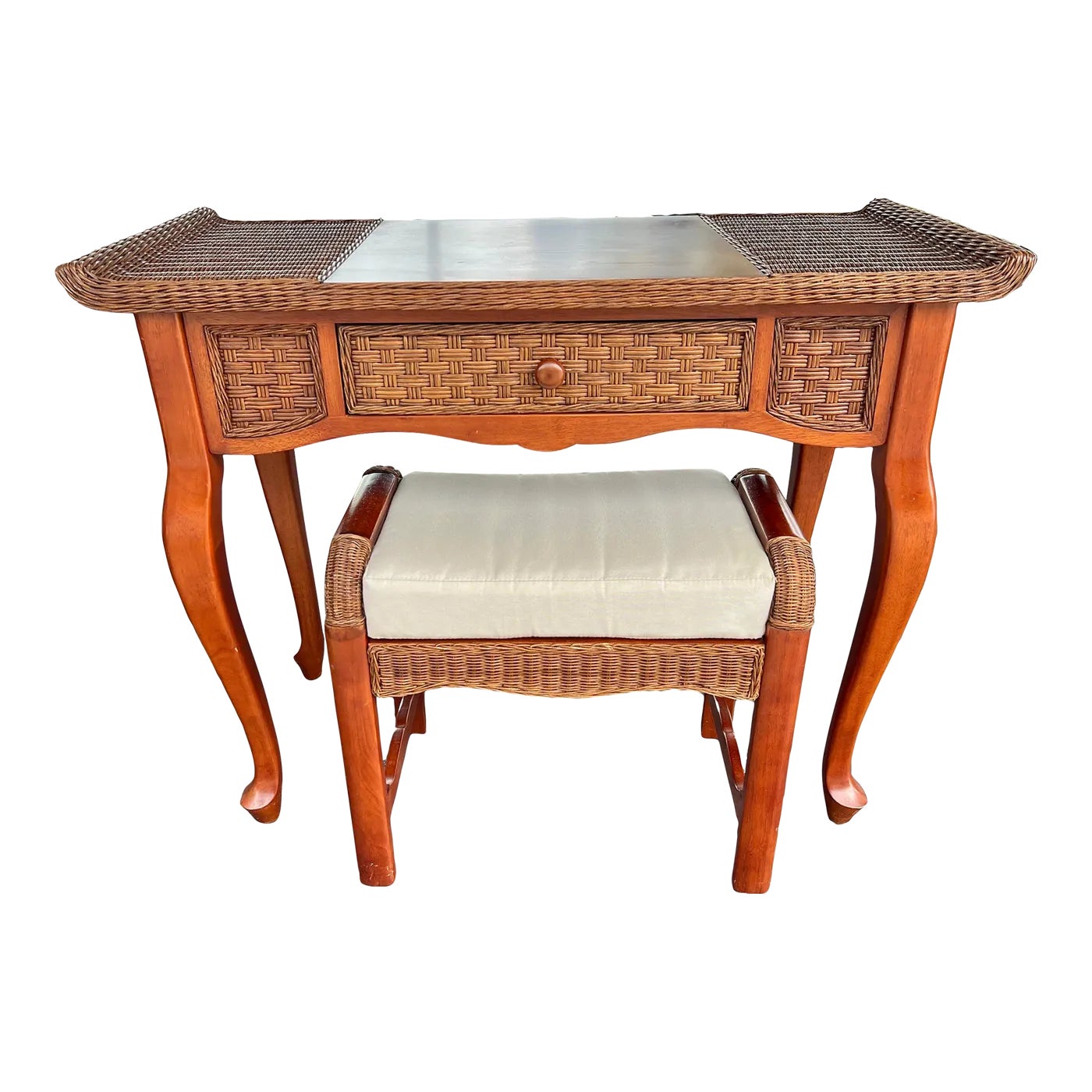 Mid 20th Century Vintage Wicker Vanity With Bench Seat - Set of 2 ...
