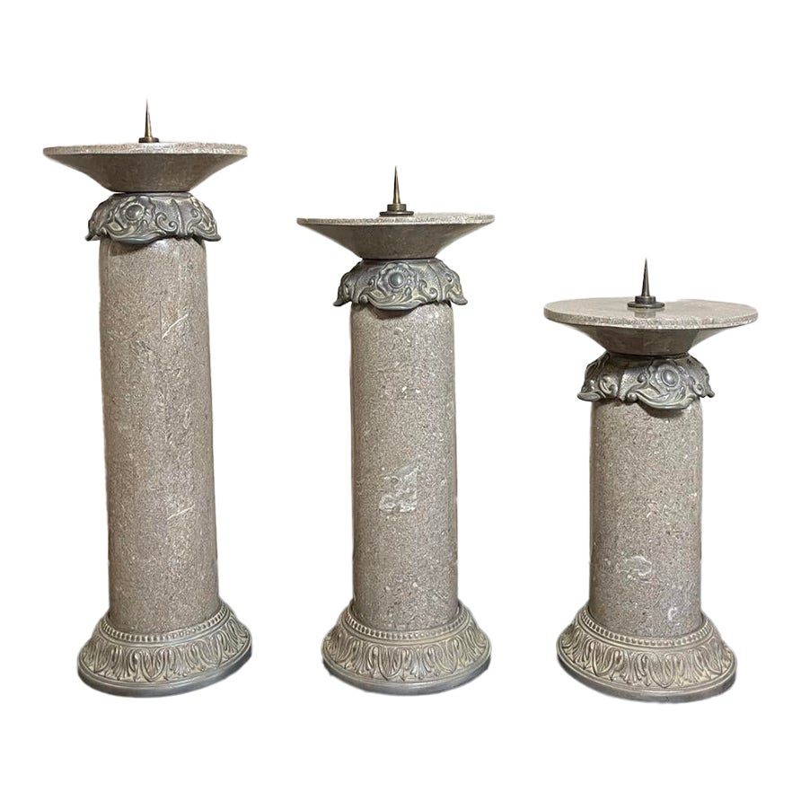 Set of 3 Tessellated Stone Graduated Column Candlesticks Embossed Metal ...