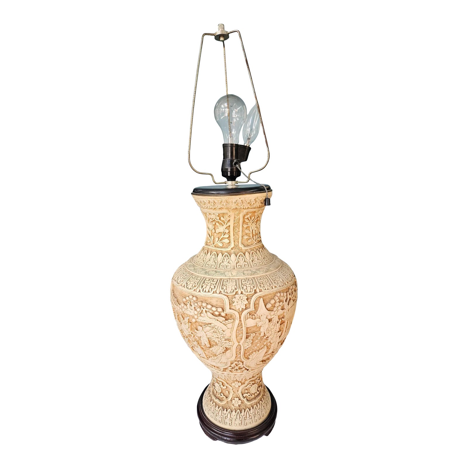 Vintage Chinese Carved Cinnabar Table Lamp | Chairish