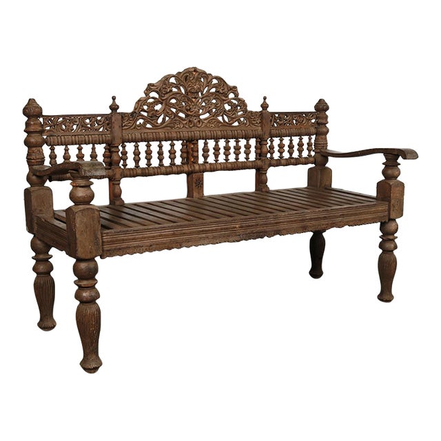 Antique Indian Carved Teakwood Bench | Chairish