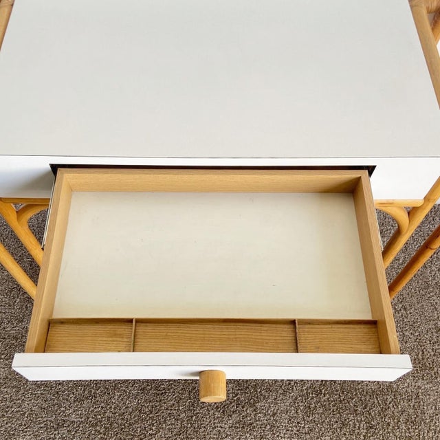 Boho Chic White Matte Laminate Bamboo Rattan Desk | Chairish