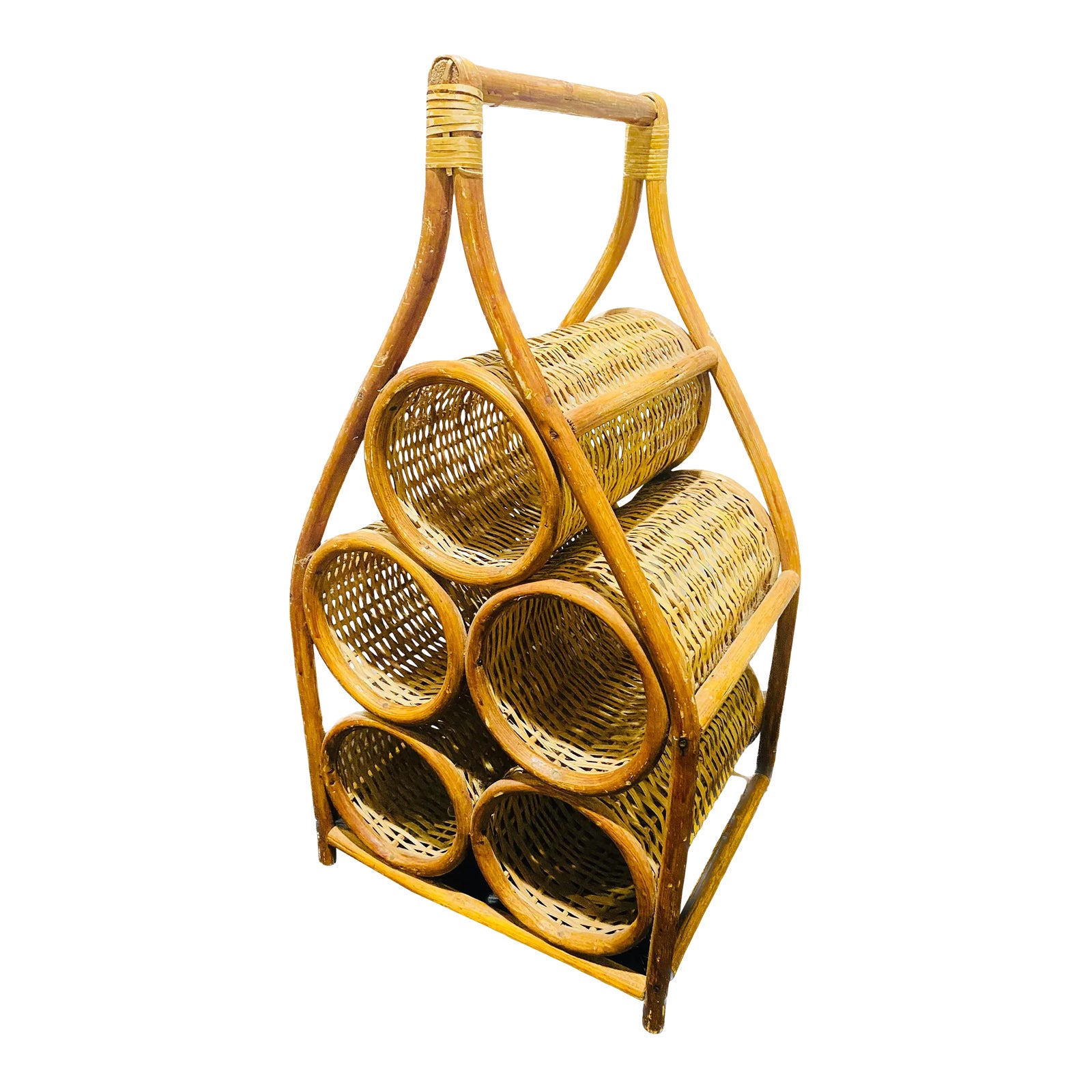 1970s Vintage Boho Coastal Wicker Rattan Sculptural Wine Bottle Rack ...