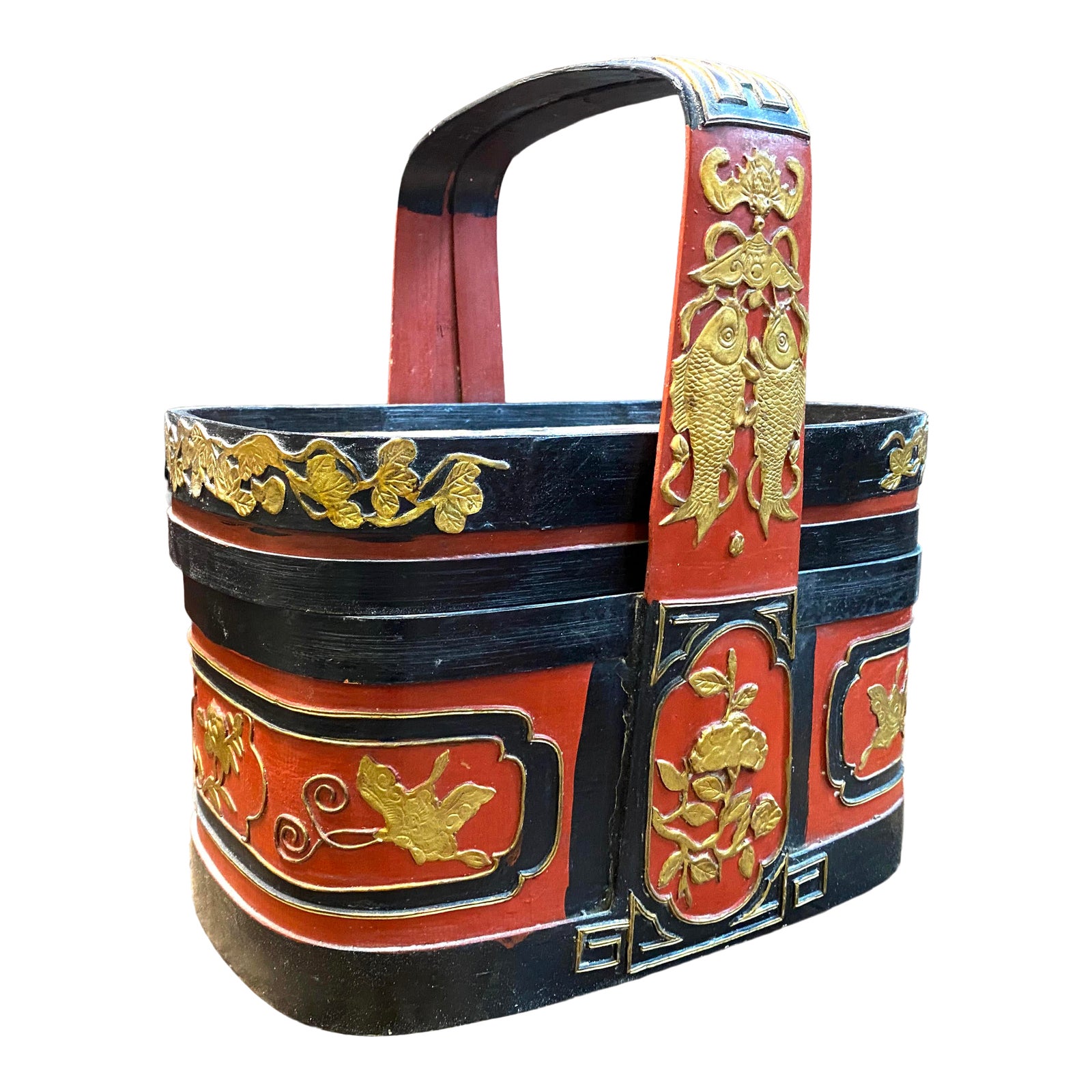 Antique Chinese Red and Black Lacquer Basket With Gold Leaf | Chairish