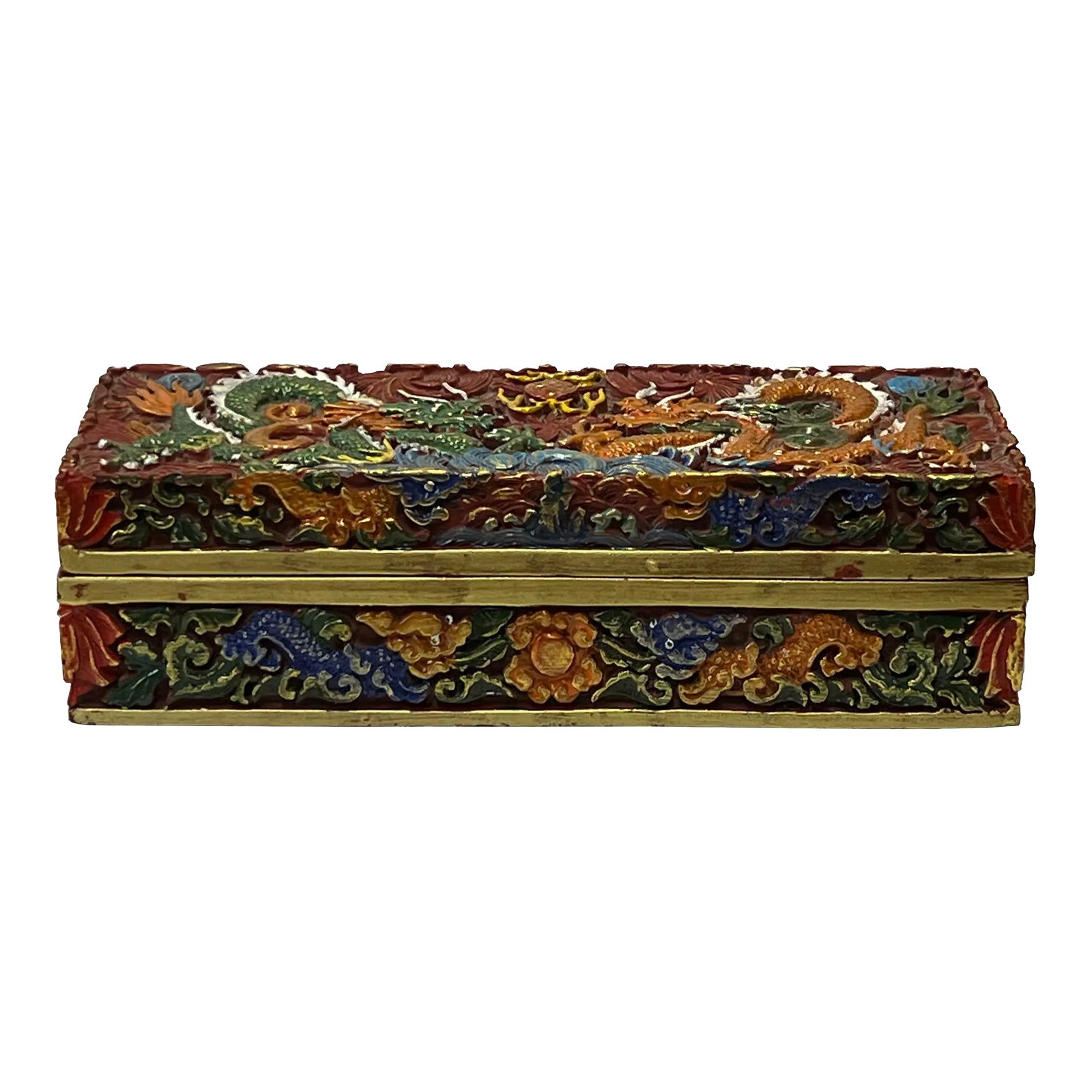 Chinese MIX Color Red Resin Lacquer Dragons Box Display Art | Chairish