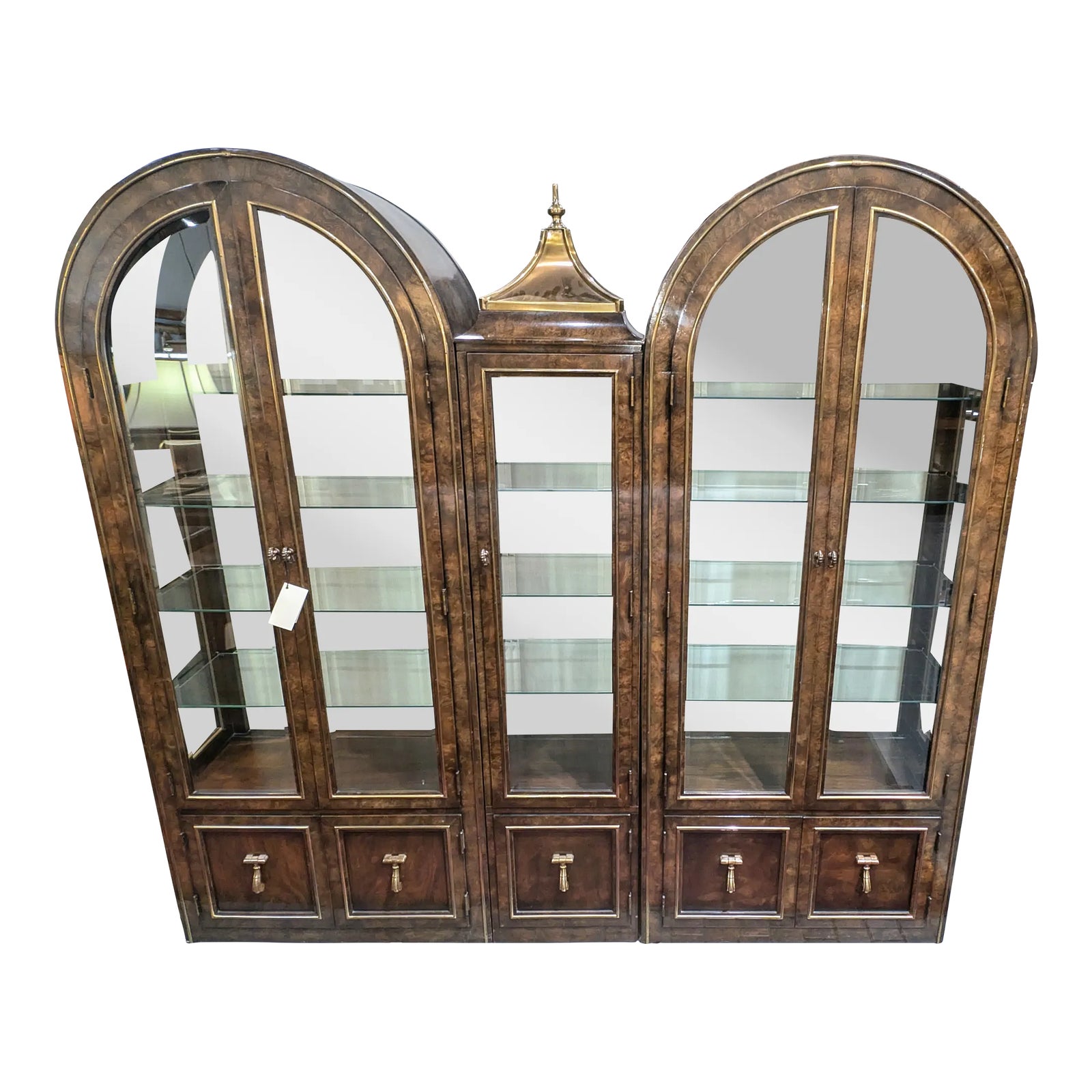 Late 20th Century MasterCraft 3 Piece Burl Wood Curio Cabinets | Chairish