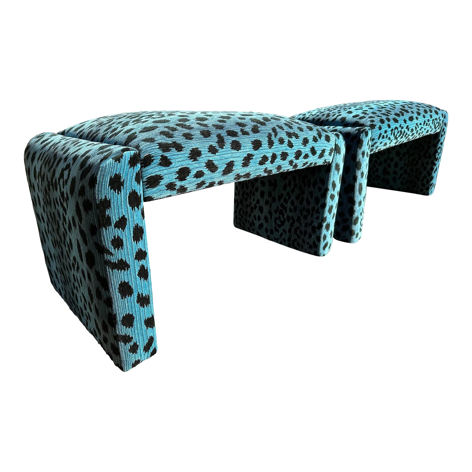 1980s Vintage Leopard Waterfall Stools Reupholstered With Blue Leopard ...