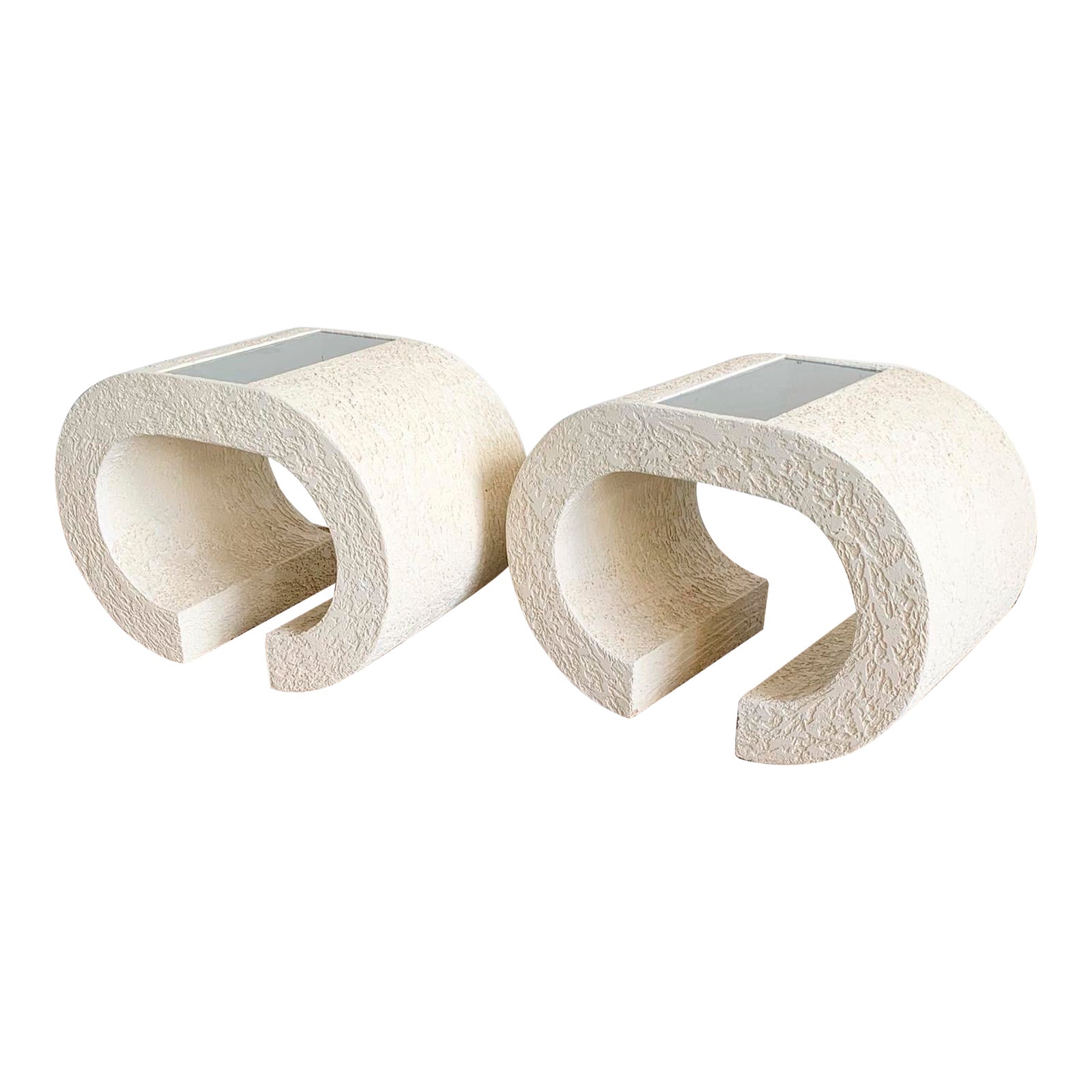 Postmodern Offwhite Stucco Smoked Glass Top Scroll Side Tables - a Pair ...