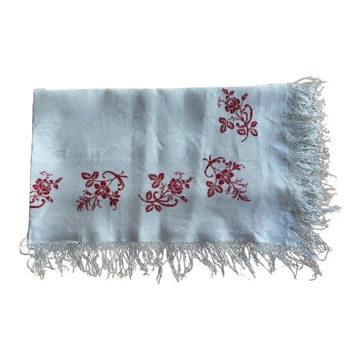 Vintage Red and White Linen Tablecloth Embroidered in Cross Stitch ...