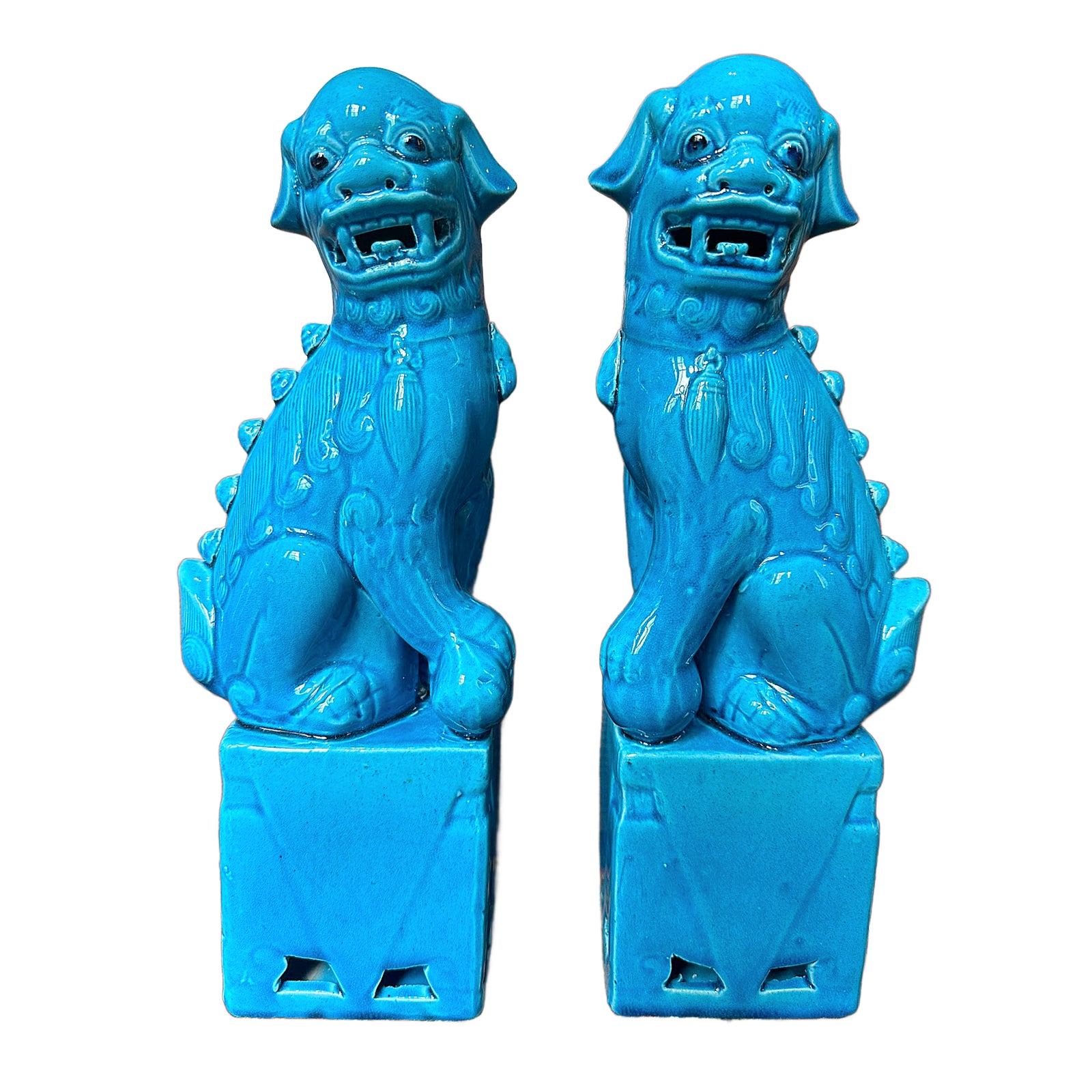Contemporary Large Glazed Turquoise Foo Dog Figurines = a Pair | Chairish