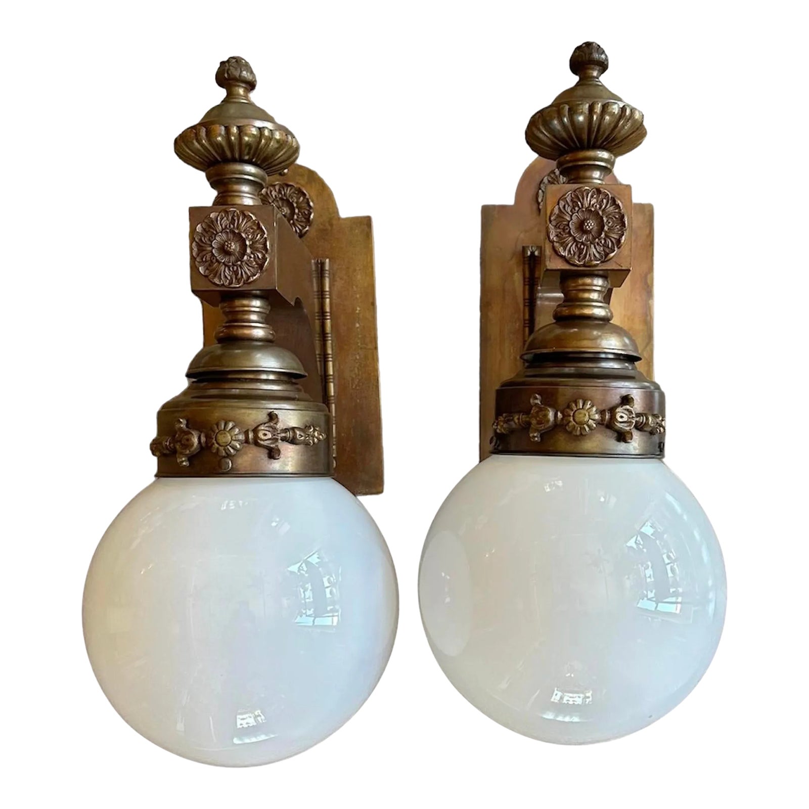 Pair of Large Traditional Brass Sconces With White Glass Ball Shades ...