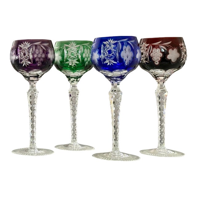 Vintage Multicolor Bohemian Cut to Clear Wine Glasses - Set of 4 | Chairish