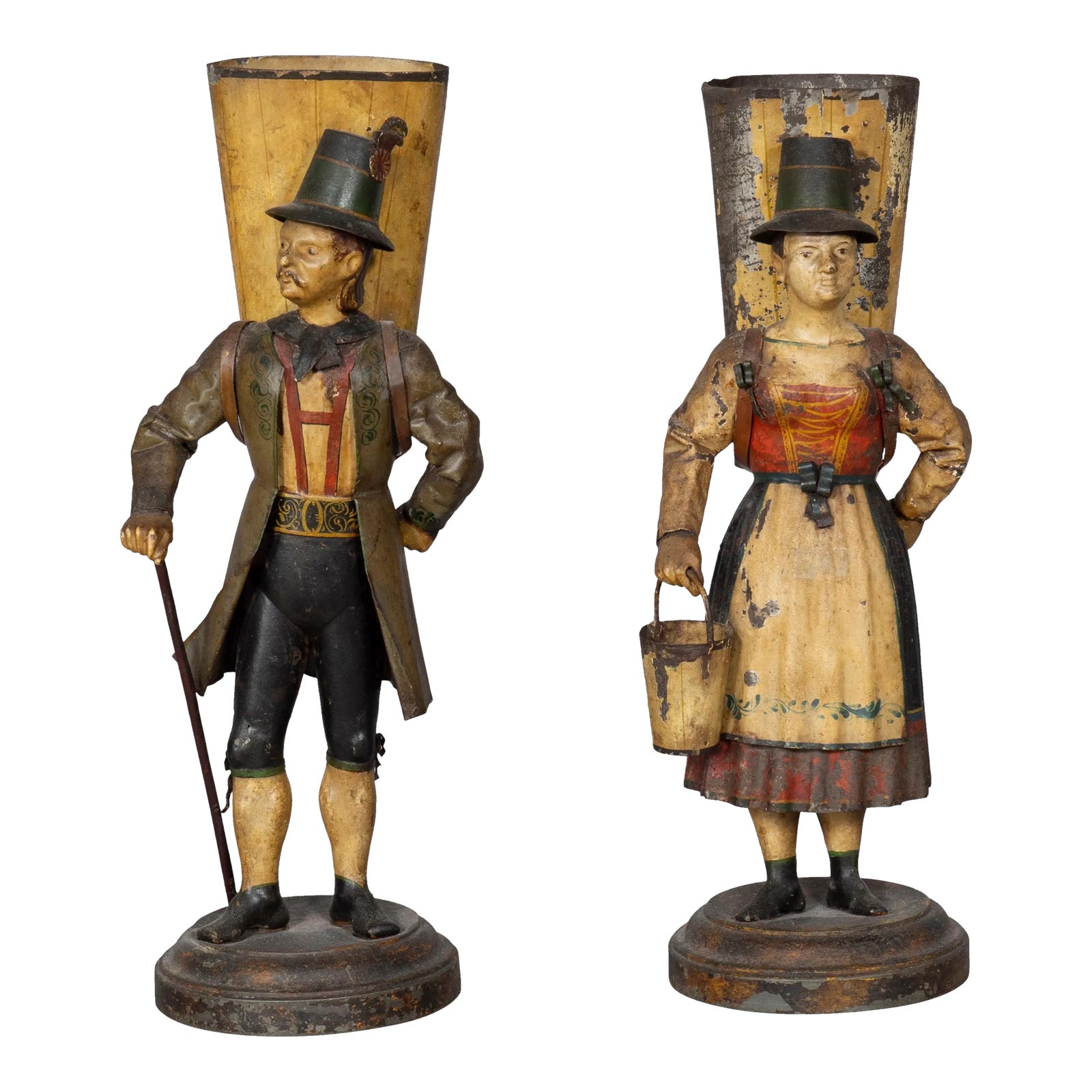 Tyrolean Tole Figural Vases - A Pair | Chairish