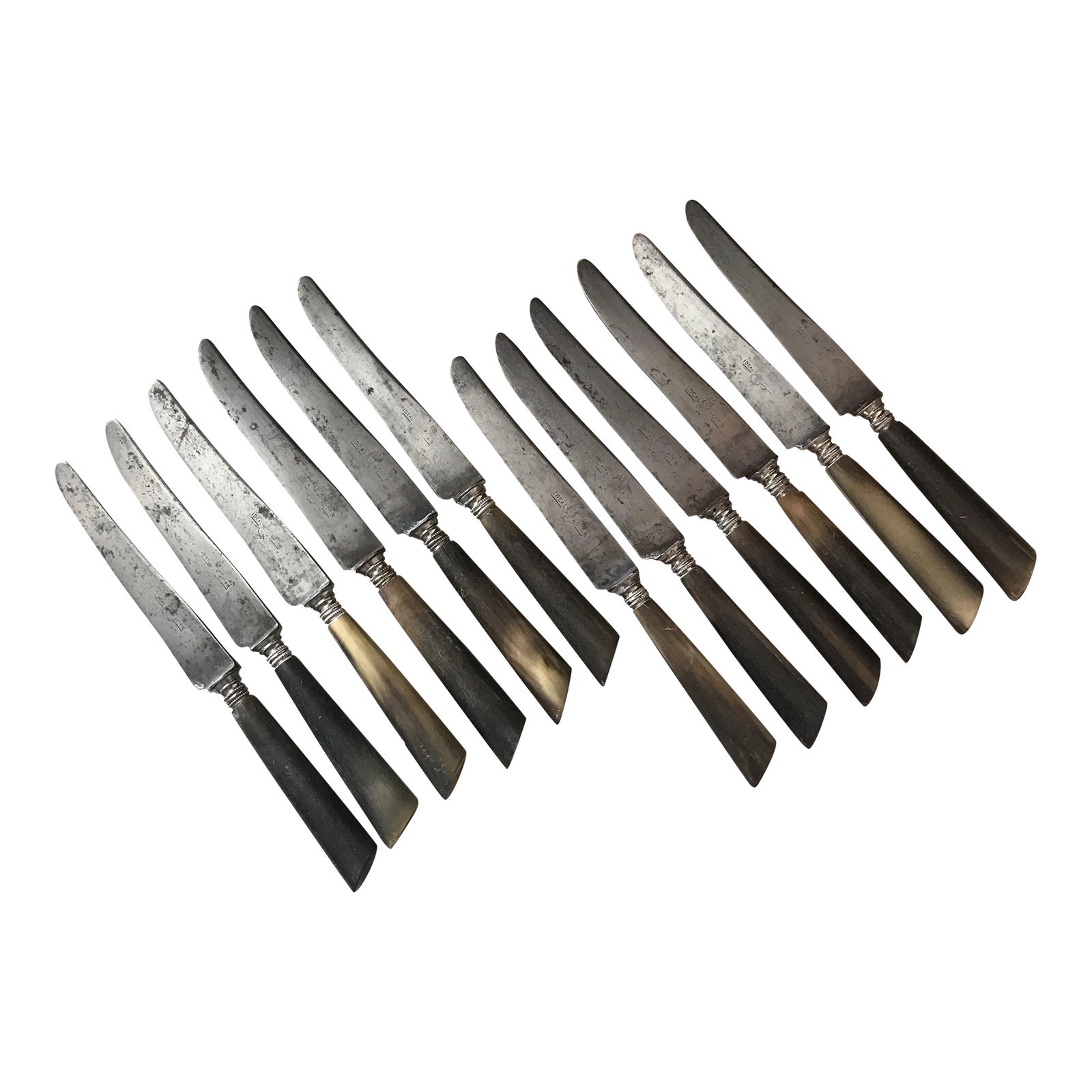 Antique Set of 12 Early French Silver and Antler Knives : Ideal Acier ...