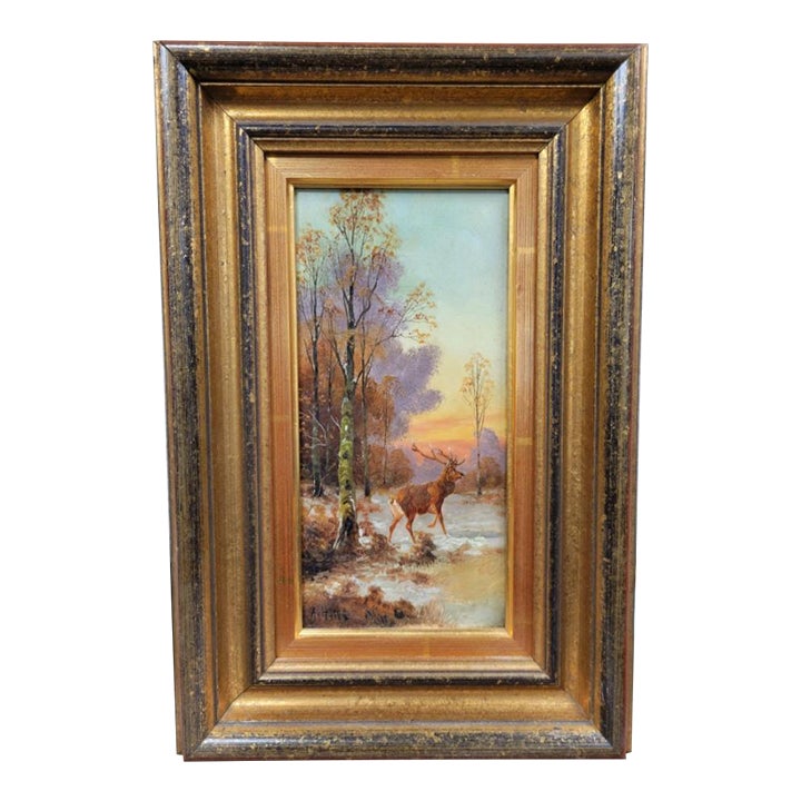 19th Century A. Huff Oil on Wood Painting of Stag Deer | Chairish