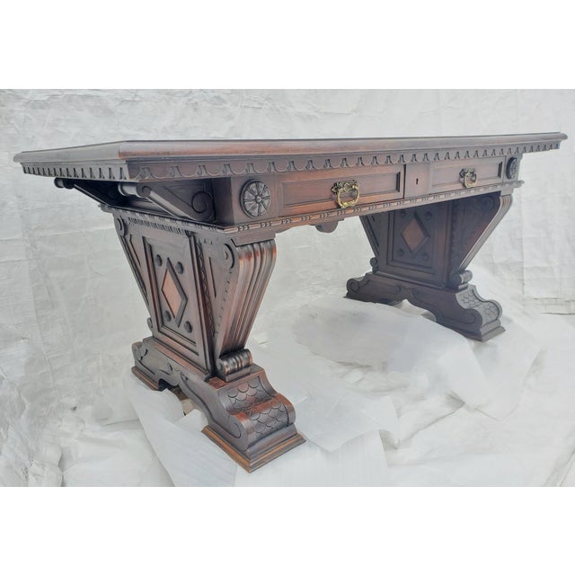 Antique 1900s Carved Walnut Italian Renaissance Old World Desk / Table ...