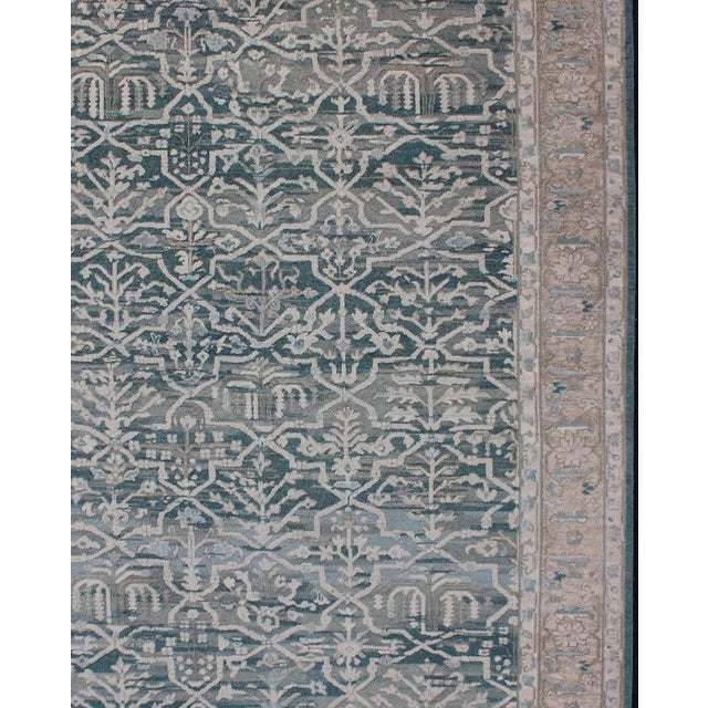 Modern Khotan Rug With Geometric Design in Teal Green/Blue Background ...