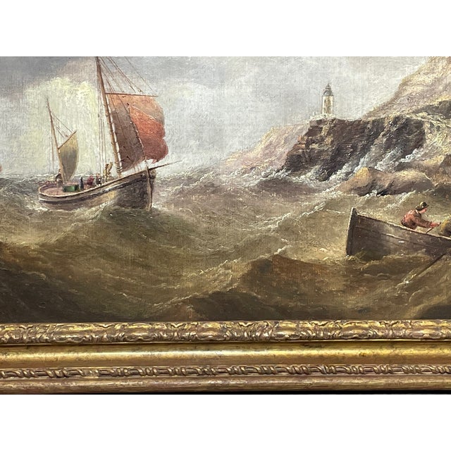 Traditional British 19th Century Oil Painting Fishing Boat Rough Choppy Seas by Henry Moore Ra ...