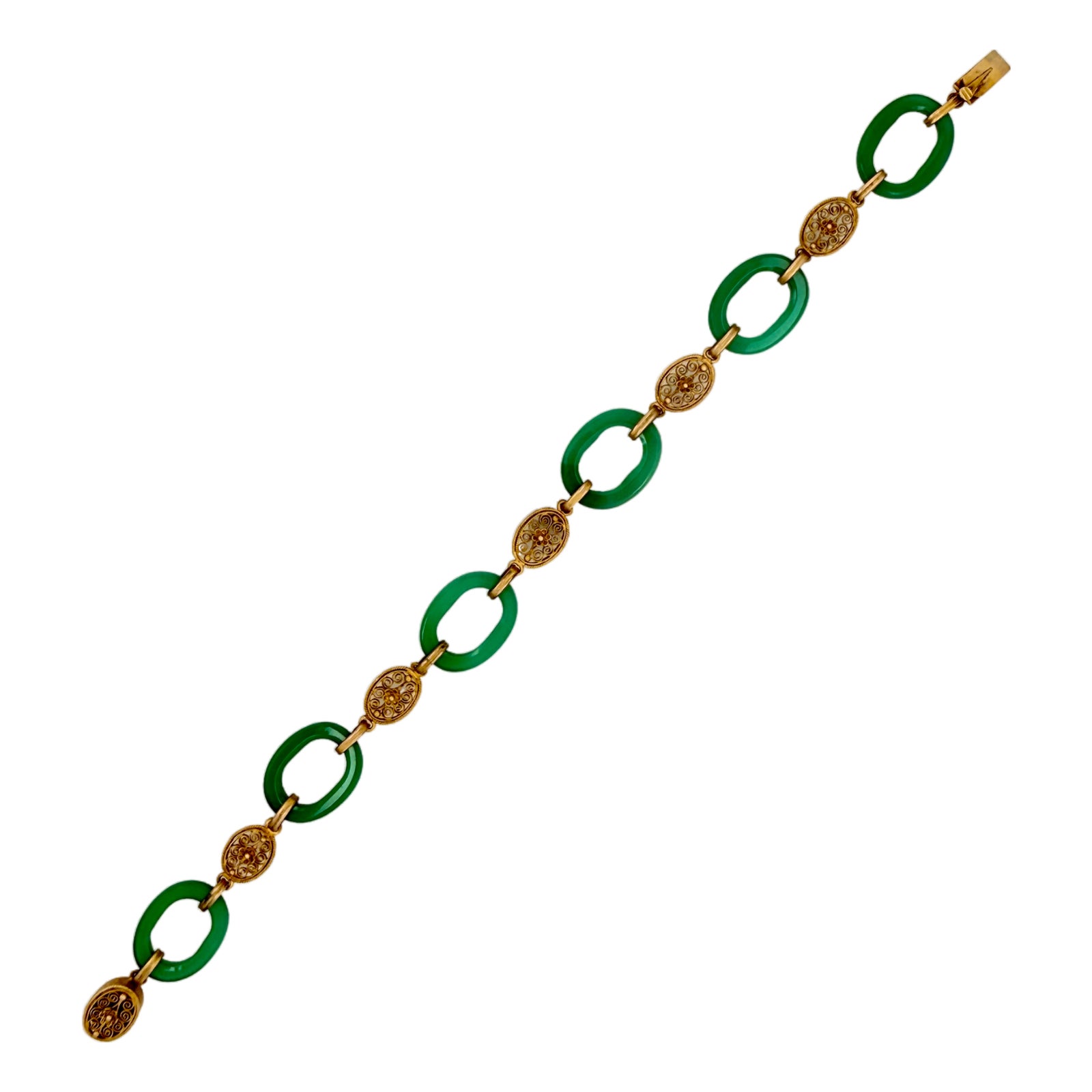Vintage 14k Gold and Green Chrysoprase Link Bracelet | Chairish