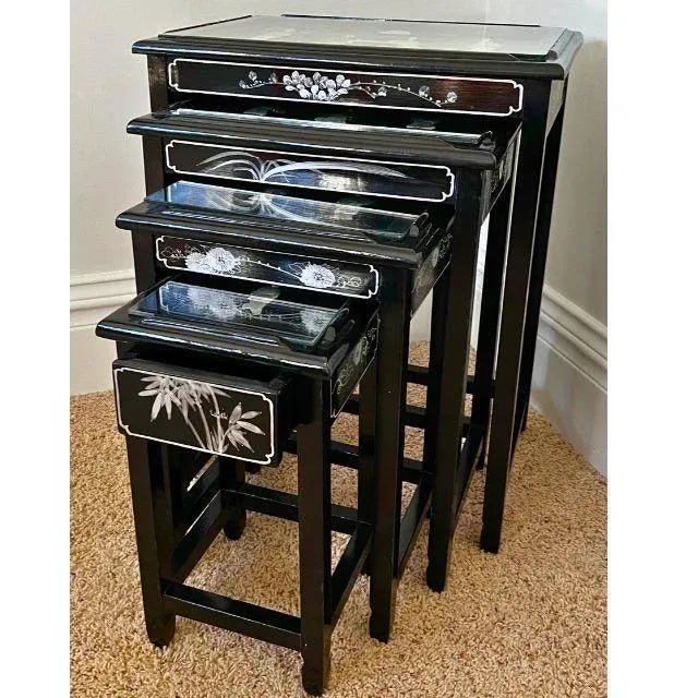 Mid-Century Chinese Hand-Painted Nesting Tables With Glass Tops, Set of ...