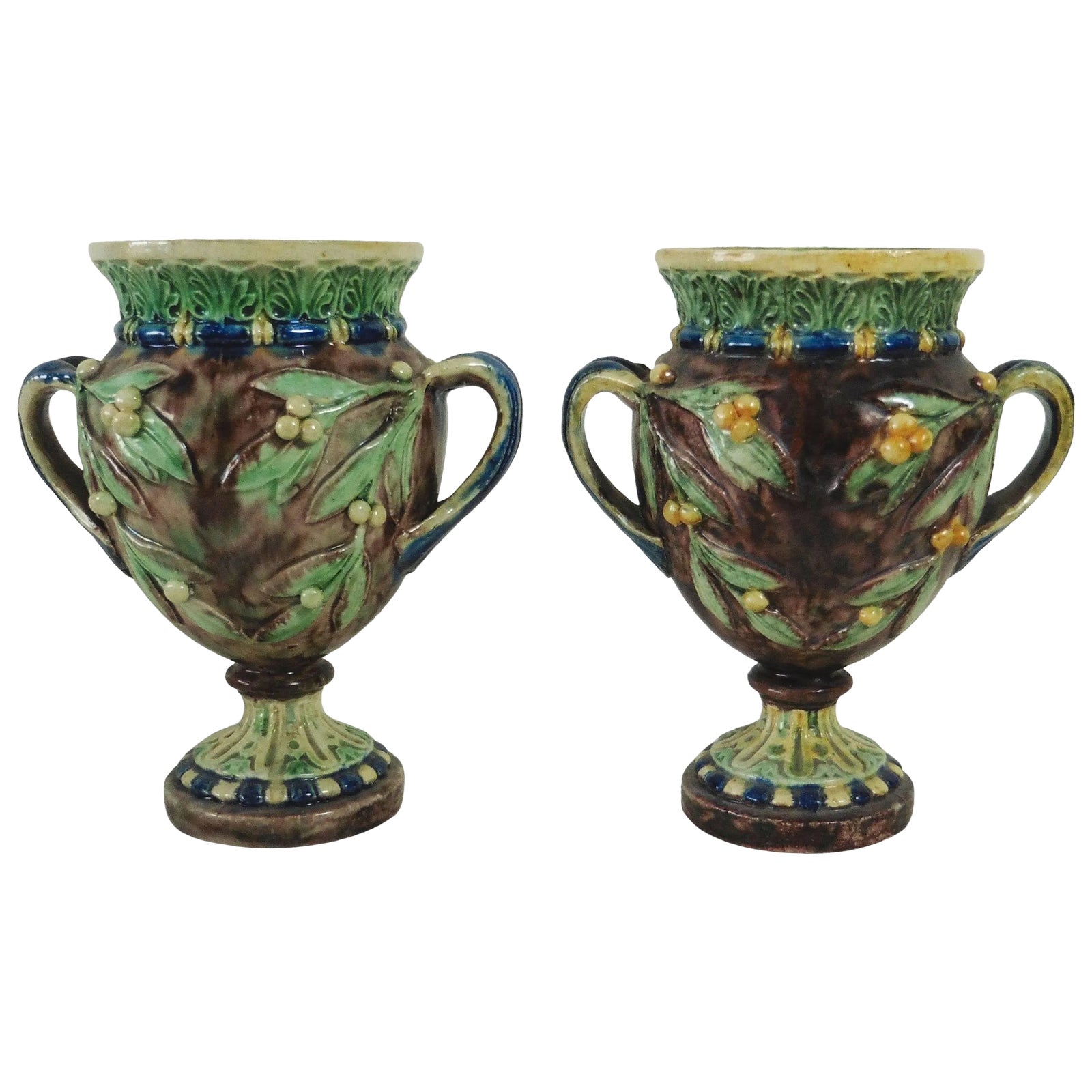 1880s Victorian Majolica Palissy Vases - a Pair | Chairish
