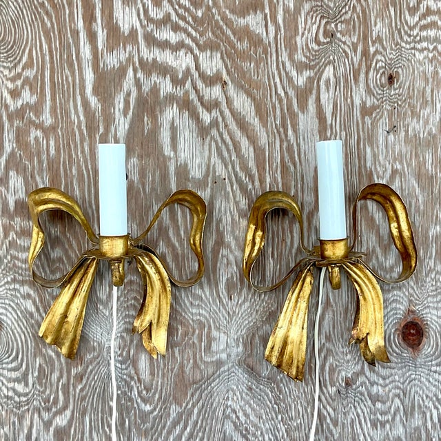 Vintage Regency Gilt Metal Bow Sconces - a Pair | Chairish