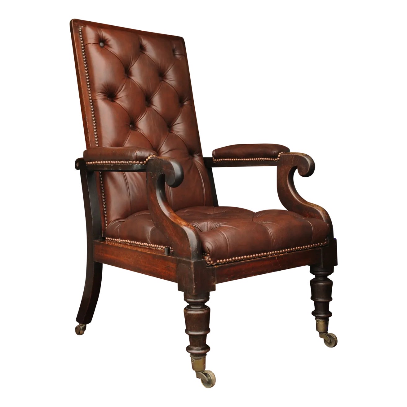 William IV Leather Button Back Reclining Library Chair on Brass Castors ...