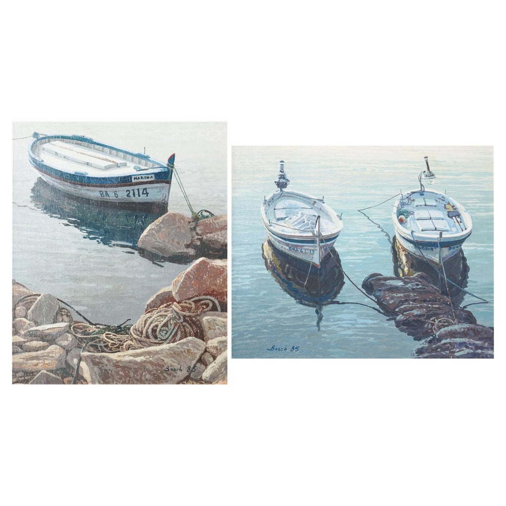 Bosch, Studies of Fishing Boats, Oil Paintings, Framed, Set of 2 | Chairish
