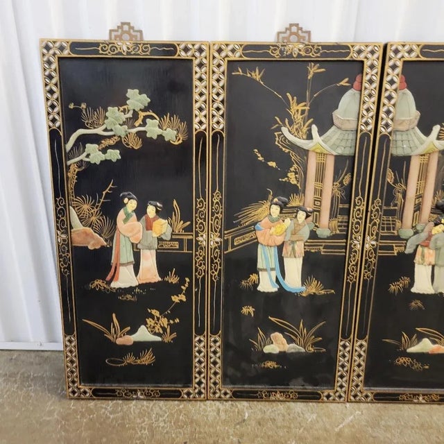 Vintage Japanese Black Lacquer and Stone Wood Wall Panels. | Chairish