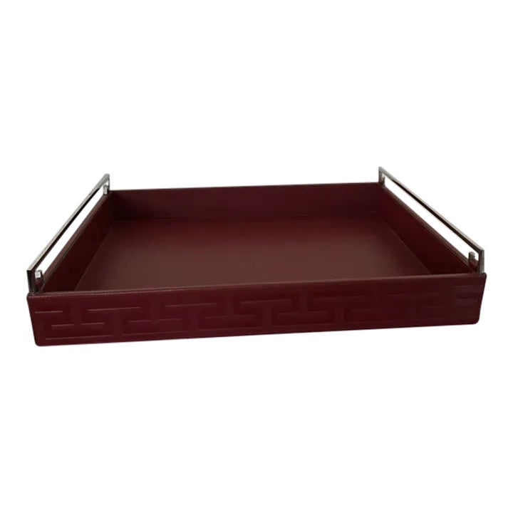 2000s Global Views Red Leather Embossed Tray With Metal Handles | Chairish
